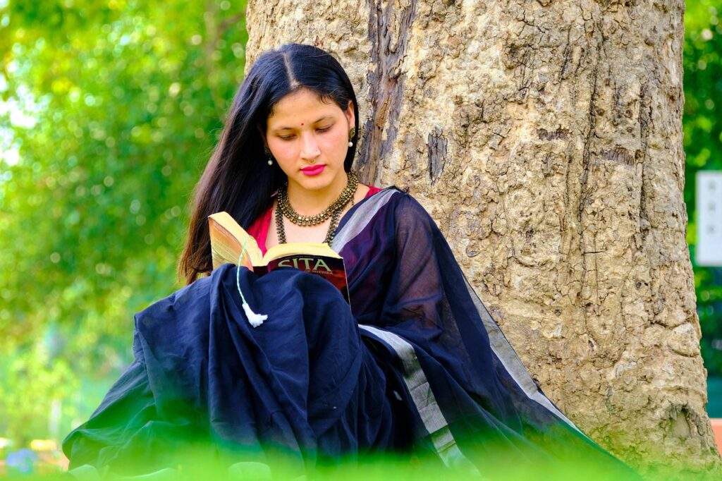 indian woman, reading, outdoors, woman, portrait, book, saree, fashion, model, delhi, india